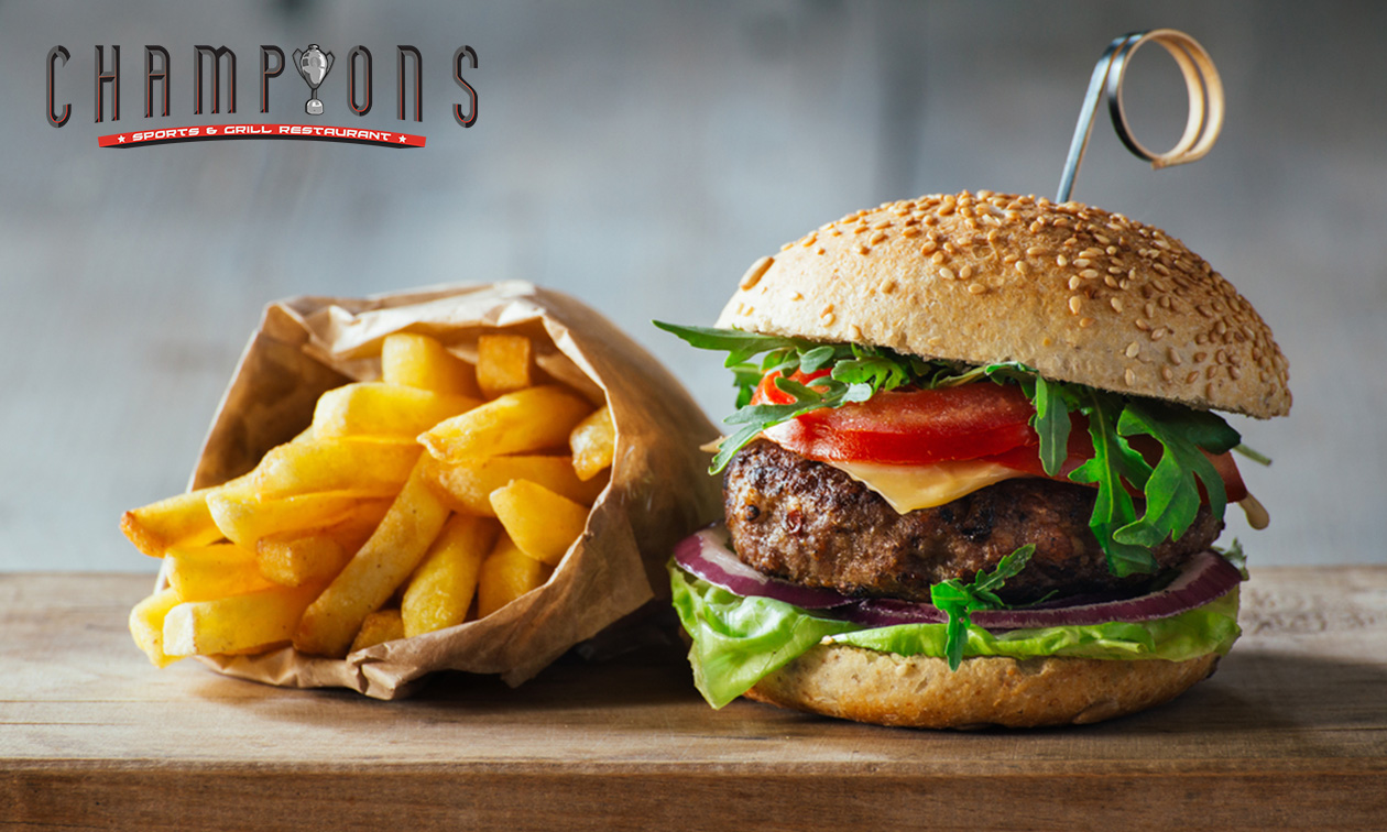 Champions Sports & Grill, Burger naar keuze + friet + saus bij ...