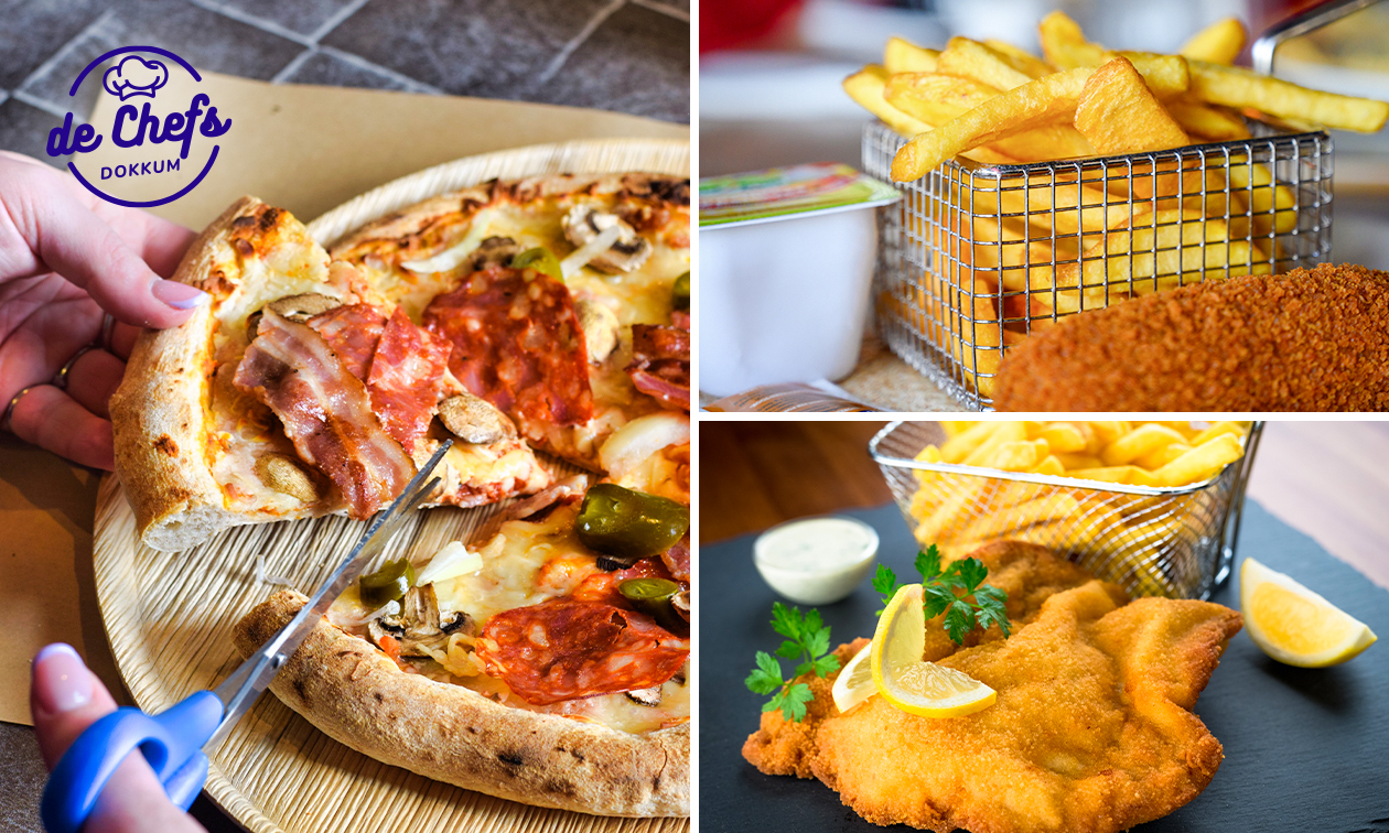 De chefs, Snack, kipschnitzel of burger + friet + saus + blikje fris ...