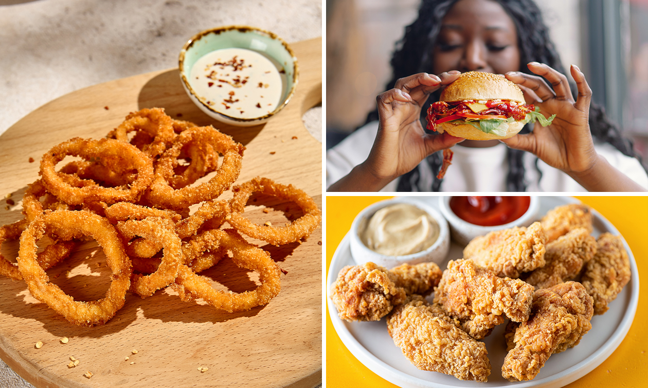 Frango Fried Chicken, Burger of kip + onion rings + friet + drankje ...