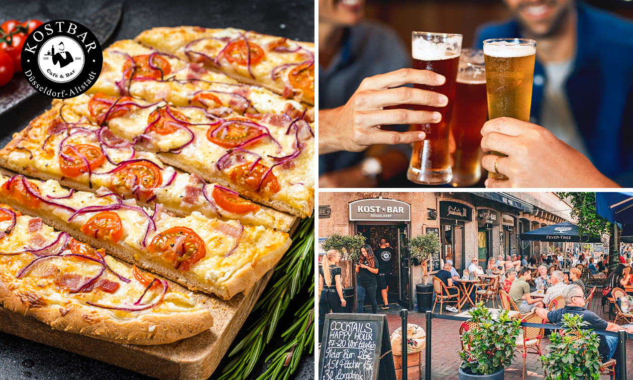 Kostbar Düsseldorf-Altstadt, Flammkuchen nach Wahl + 1 Glas Wein oder ...