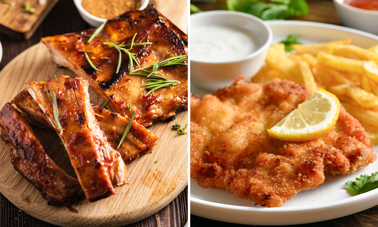 Lunch & Diner To Go, Voor afhaal: spareribs of schnitzel + friet, saus ...