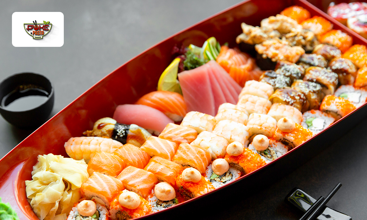 Poke n Pasta, Sushiboot + vegetarische loempia's Spare 44% in Gent mit ...